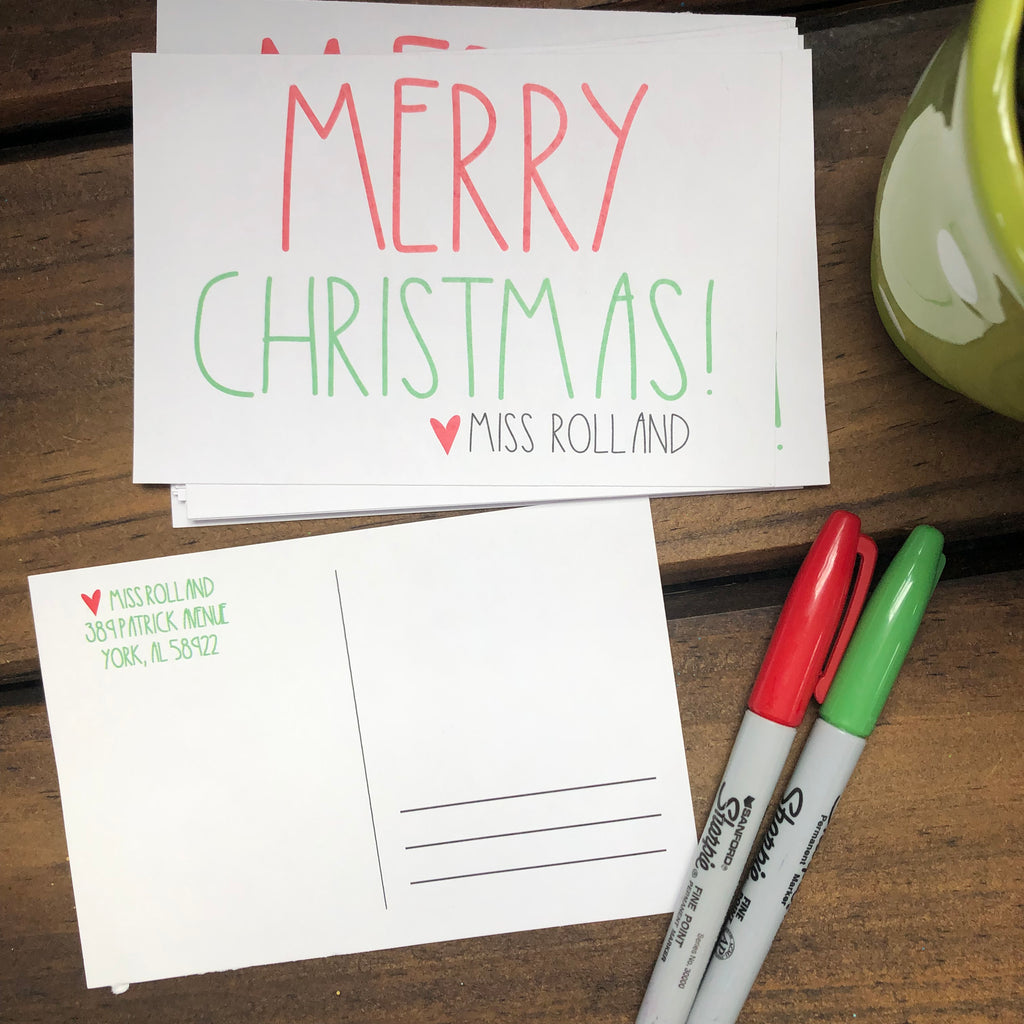 Merry Christmas Simple Teacher Postcards – DoodleBugsPaper
