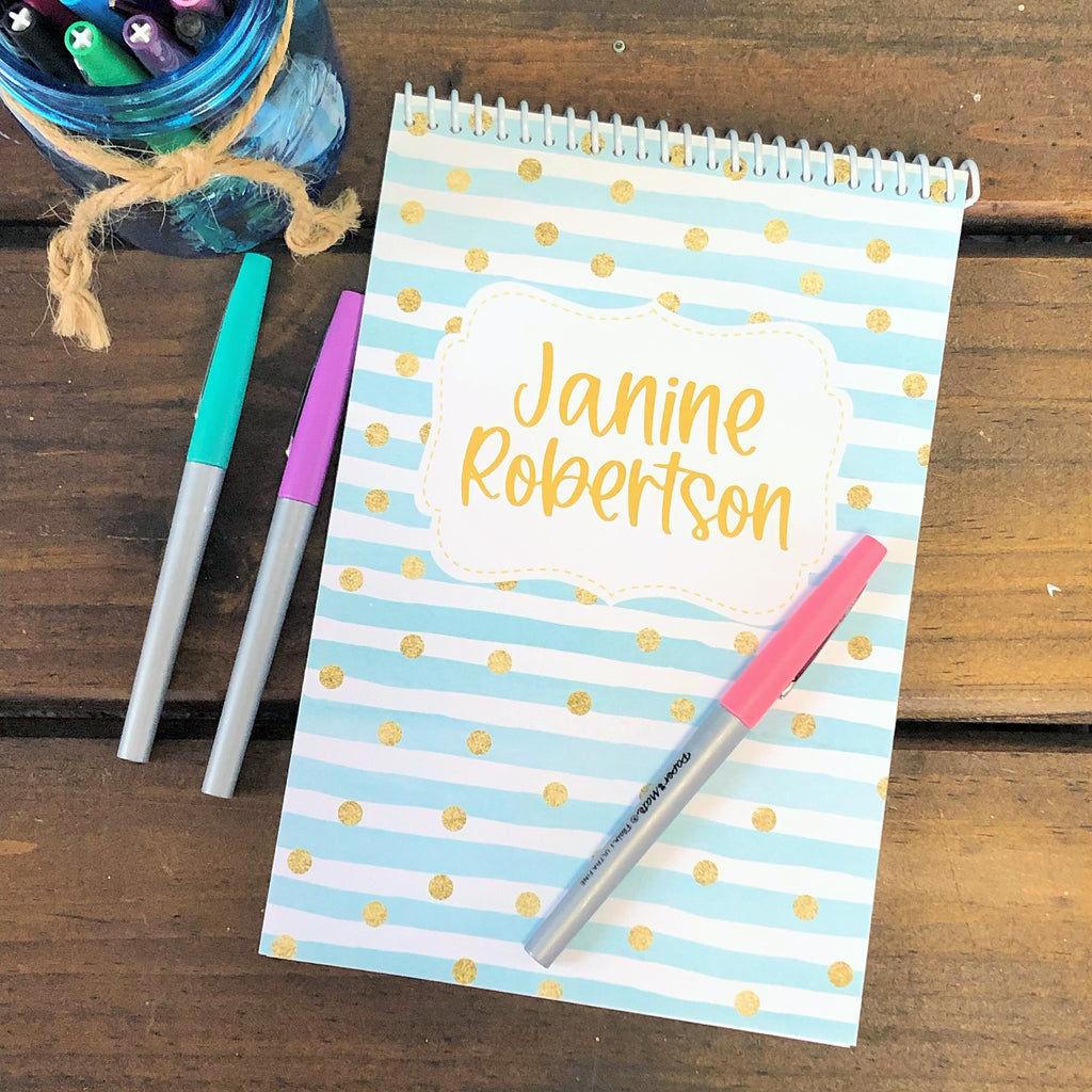 Pastel Stripe with Gold Confetti Personalized Top Spiral Notebook – DoodleBugsPaper