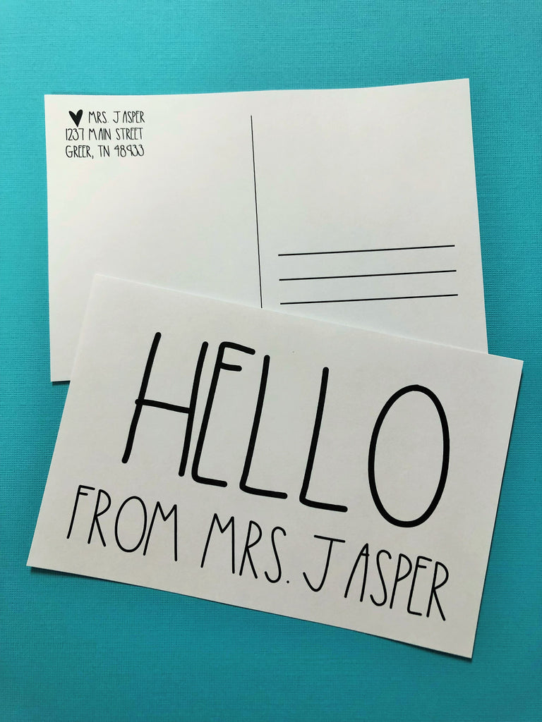 Simple Hello From ... Personalized Teacher Postcards – DoodleBugsPaper