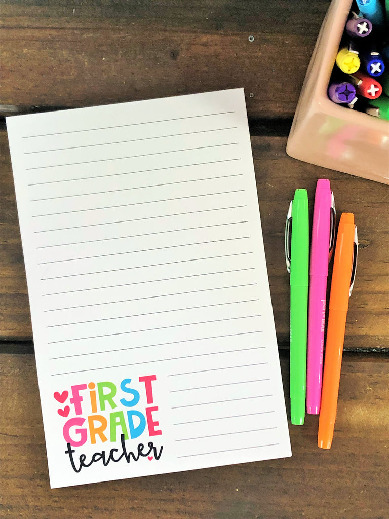 First Grade Teacher with Hearts Notepad – DoodleBugsPaper