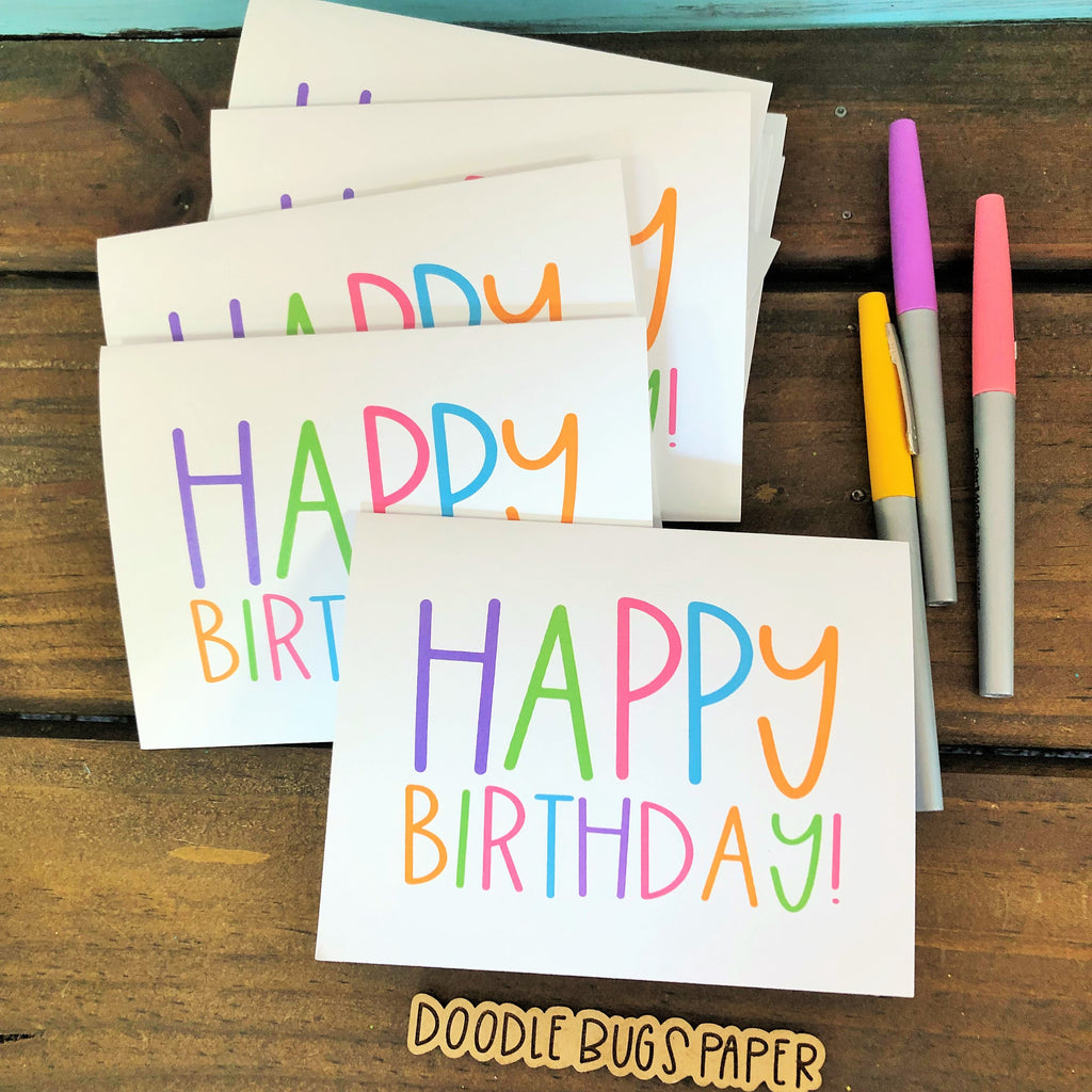 Bright Colors Happy Birthday Note Cards – DoodleBugsPaper